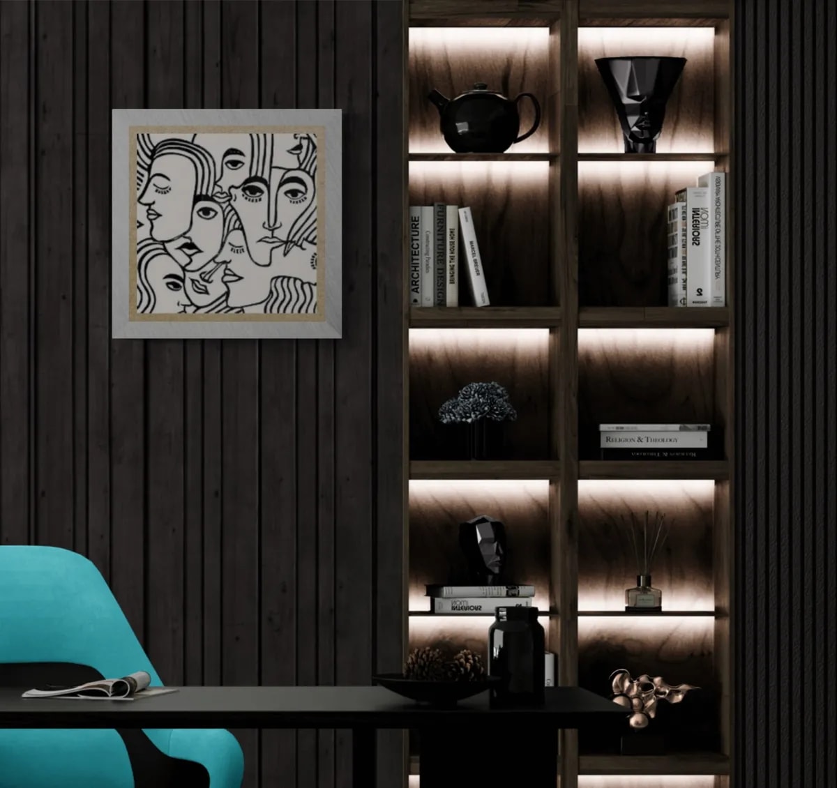 Modern office with backlit shelves mockup