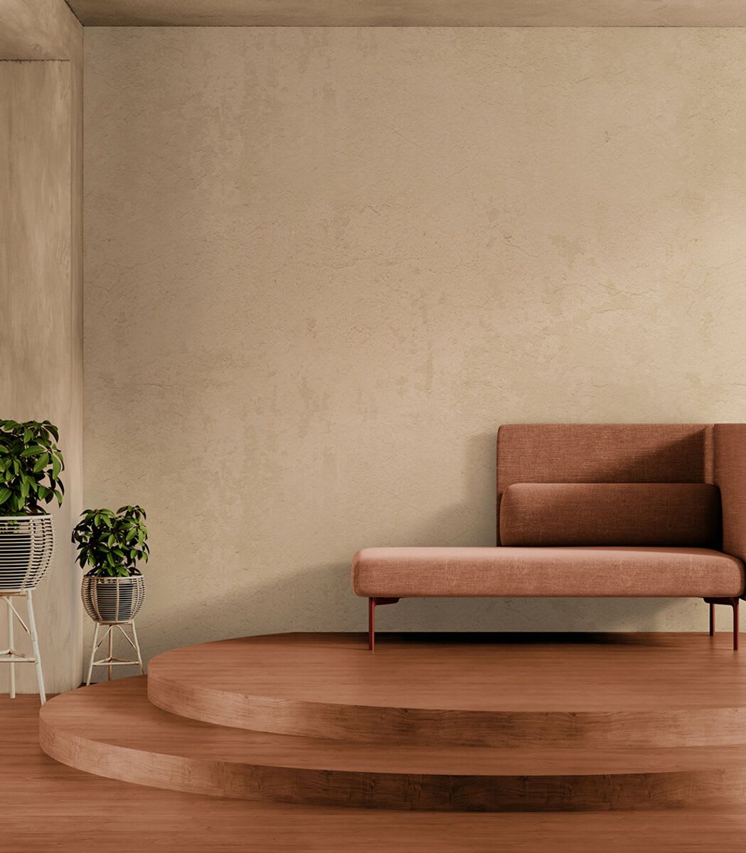 Interior with modern sofa on platform flooring mockup