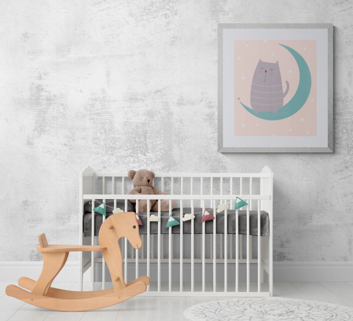 White wooden cot and rocking horse in nursery mockup