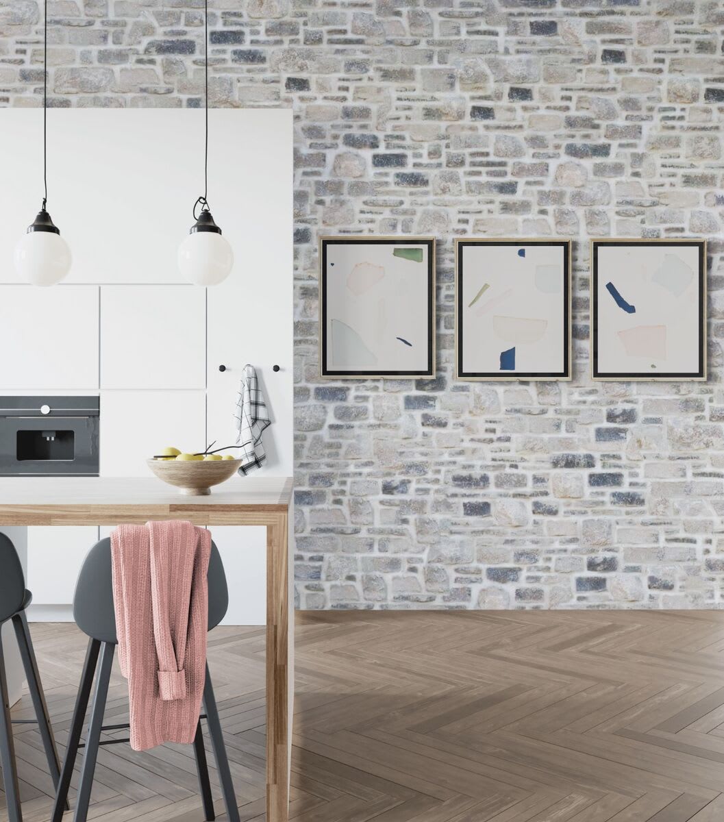 Feature wall next to modern kitchen mockup