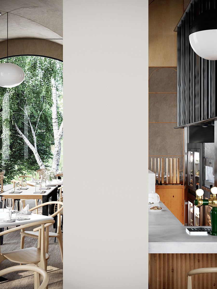 Restaurant interior with narrow feature wall mockup