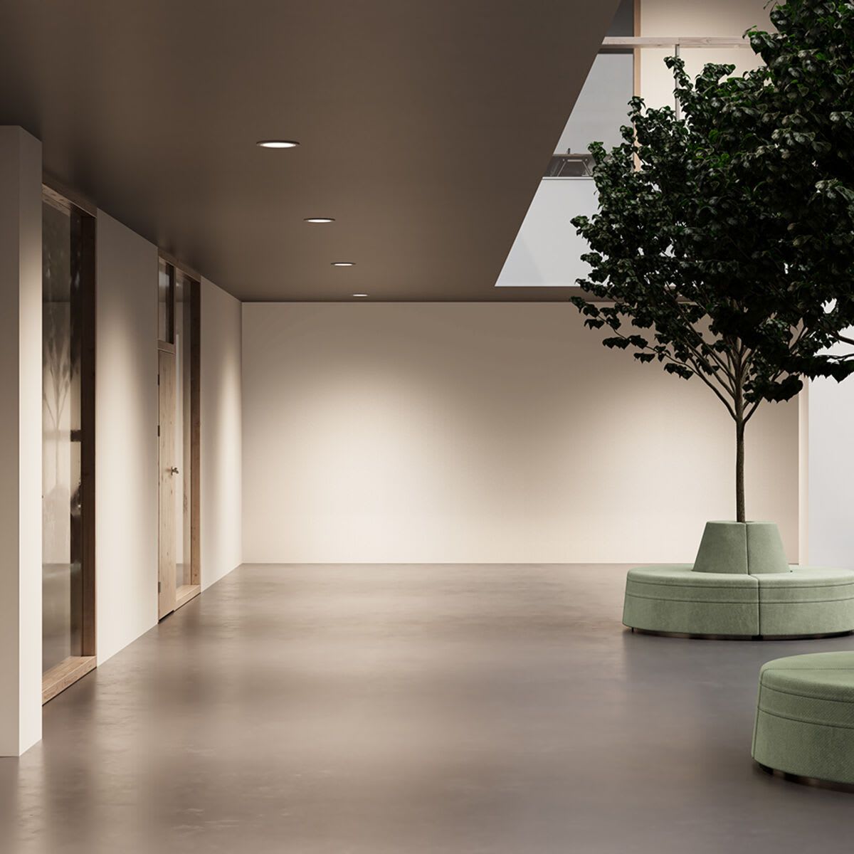 Office lobby with circular seating mockup