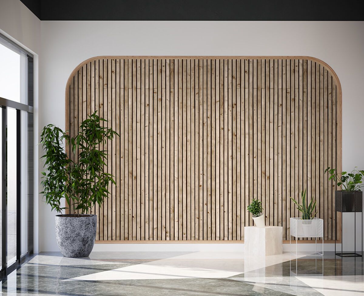 Lobby with feature wall and plants mockup