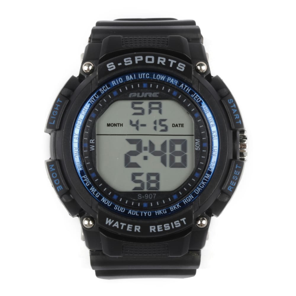 Pure Digital Watch With Black Bezel, Blue Ring & Black Strap | Shop Now