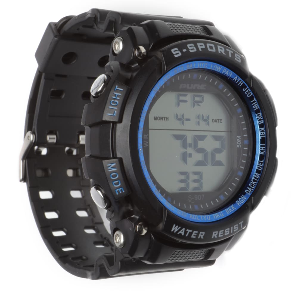 Pure Digital Watch With Black Bezel, Blue Ring & Black Strap | Shop Now