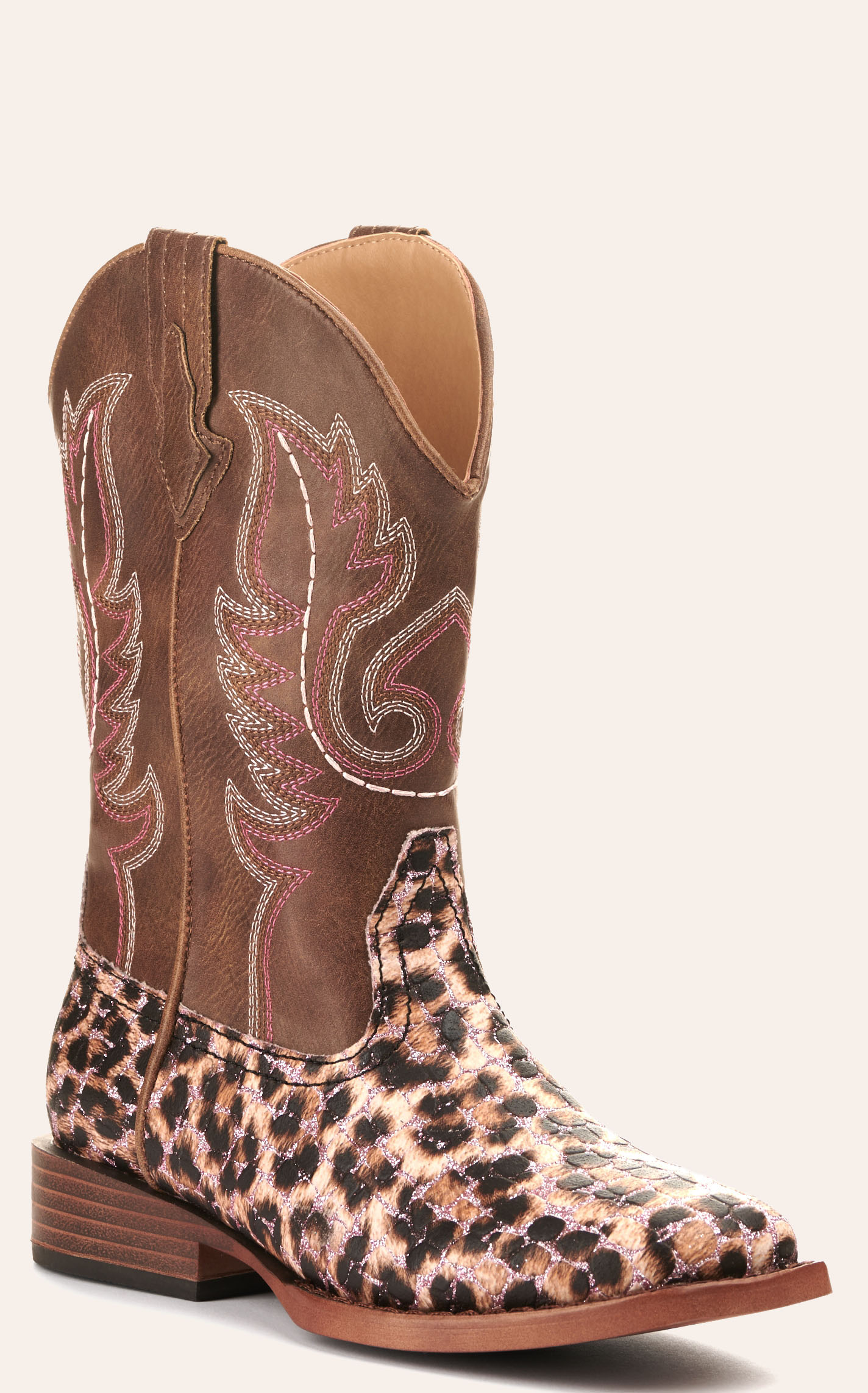 Roper Girl's Brown and Leopard with Pink Glitter Wide Square Toe Cowboy ...