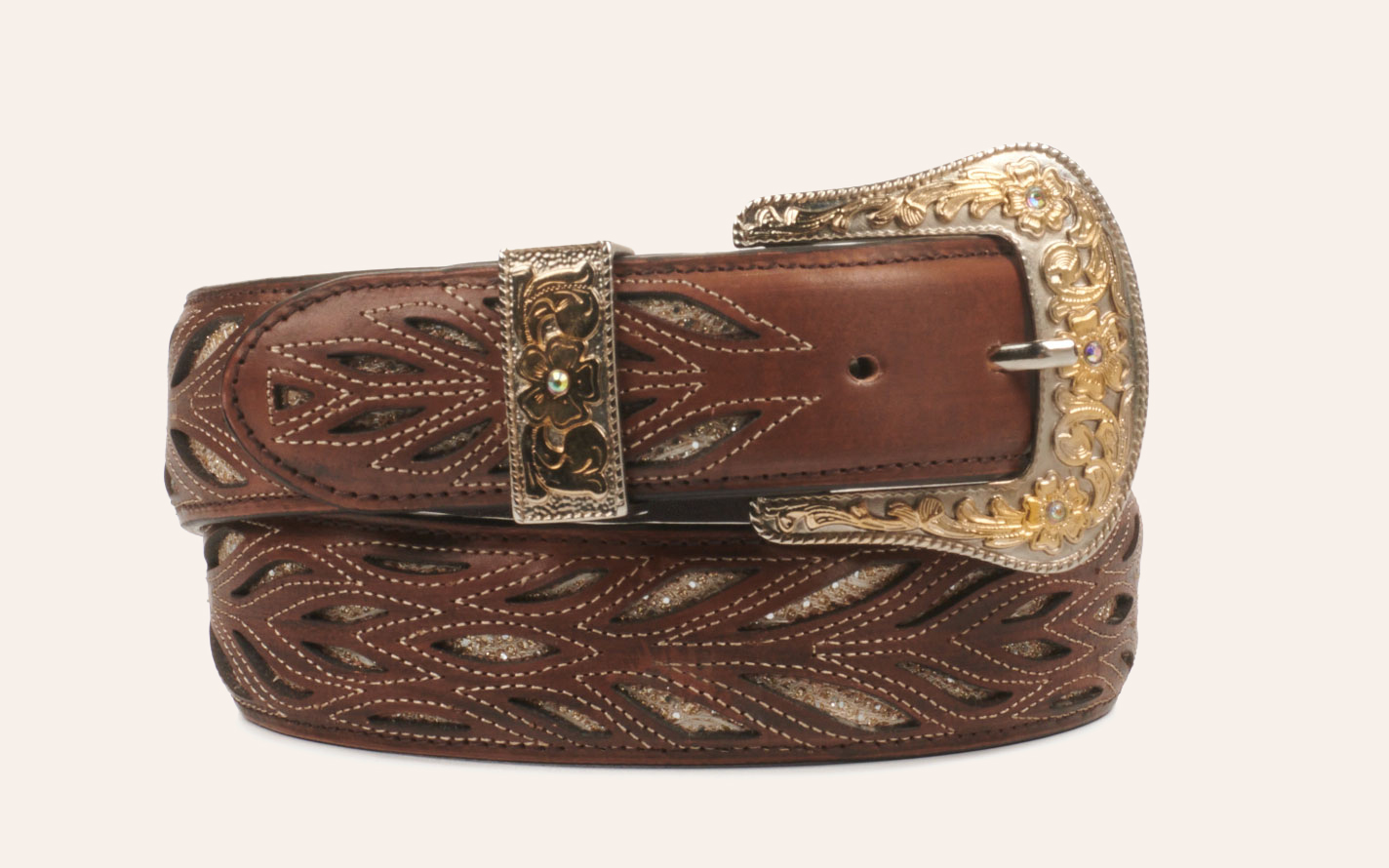 Cavender's Women's Brown with Gold Glitter Inlays Leather Belt | Cavender's