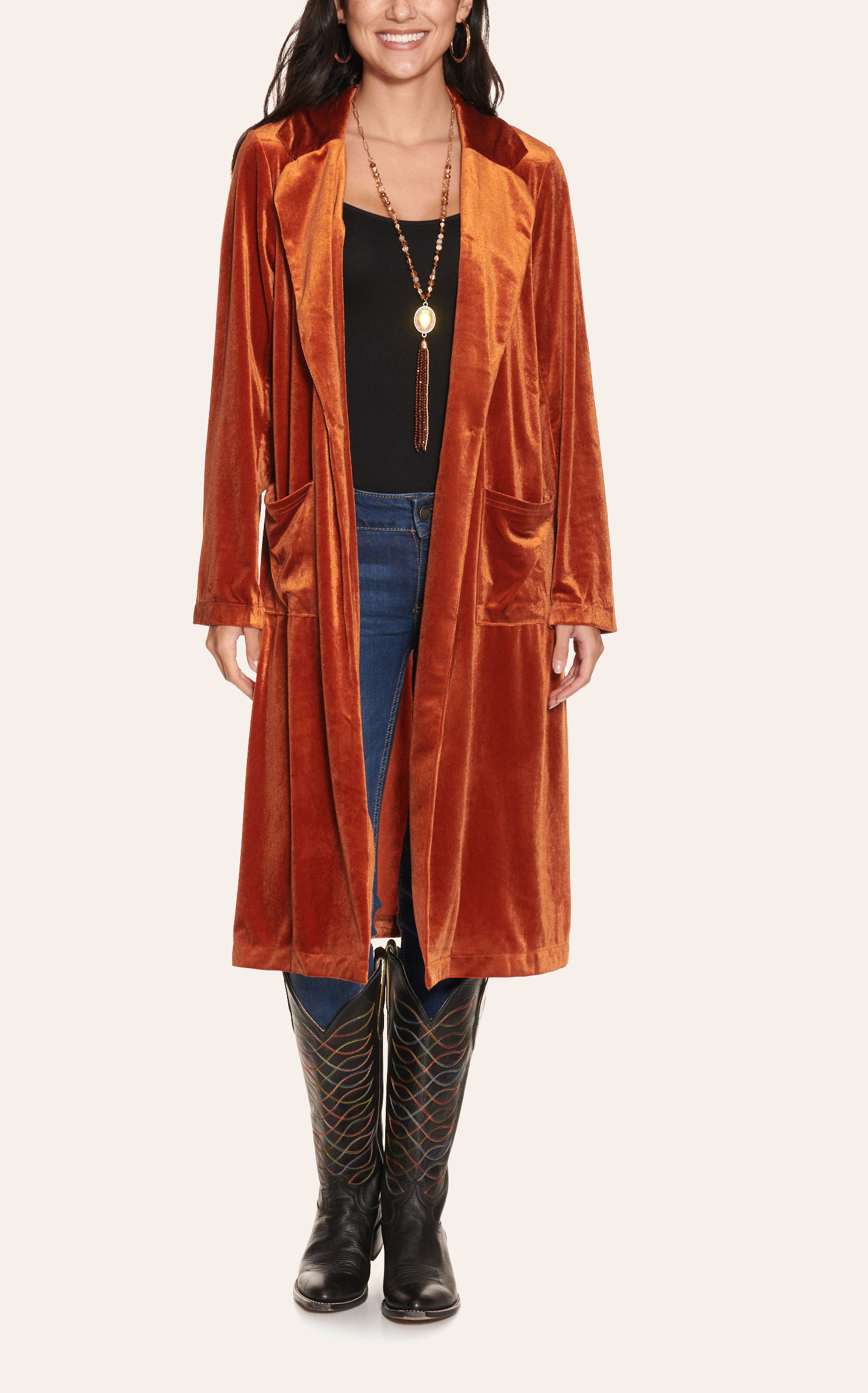 Grace & Emma Women's Rust Velvet Long Sleeve Duster