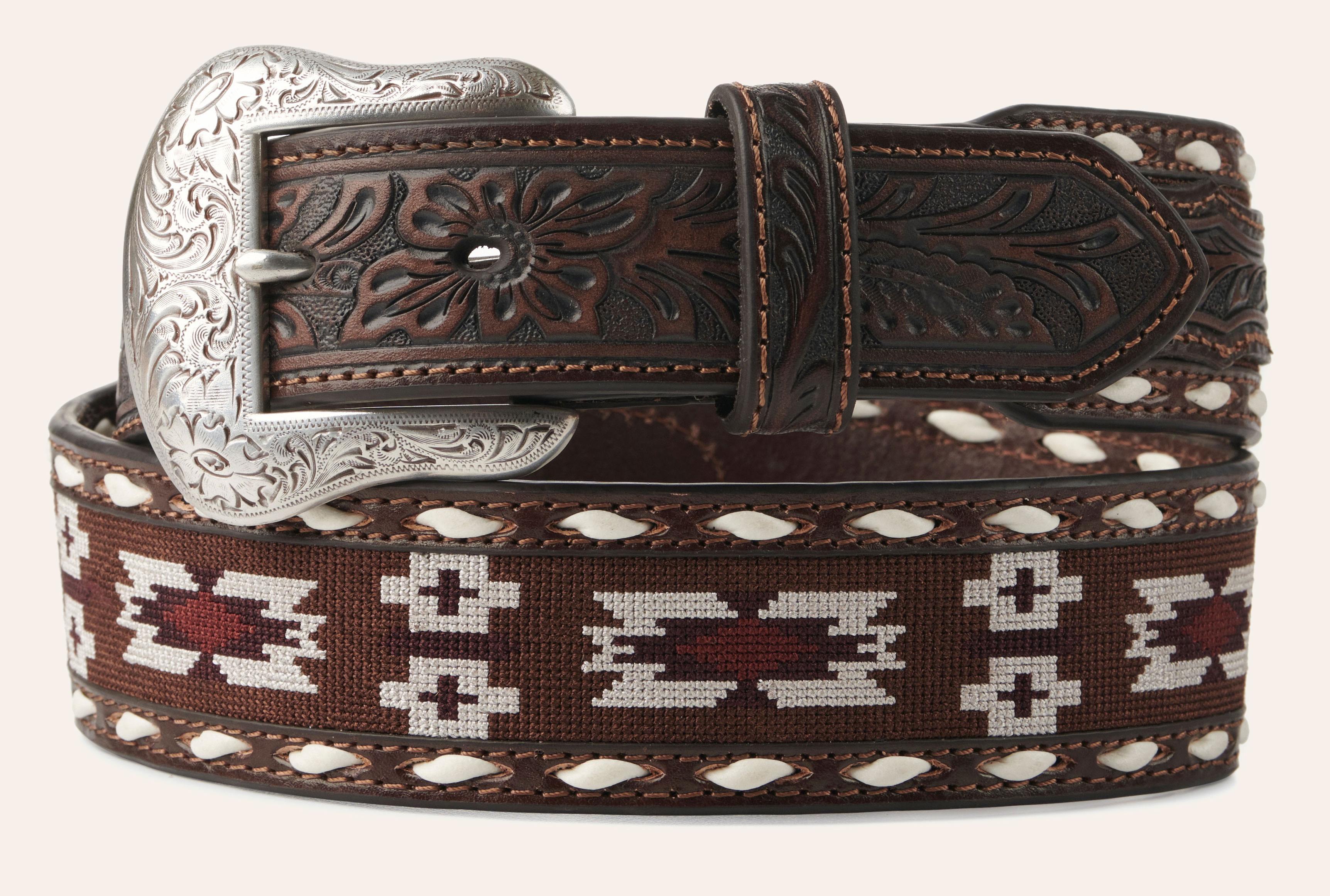 Nocona Men's Brown with Aztec Stitch and Whipstitching Western Belt ...