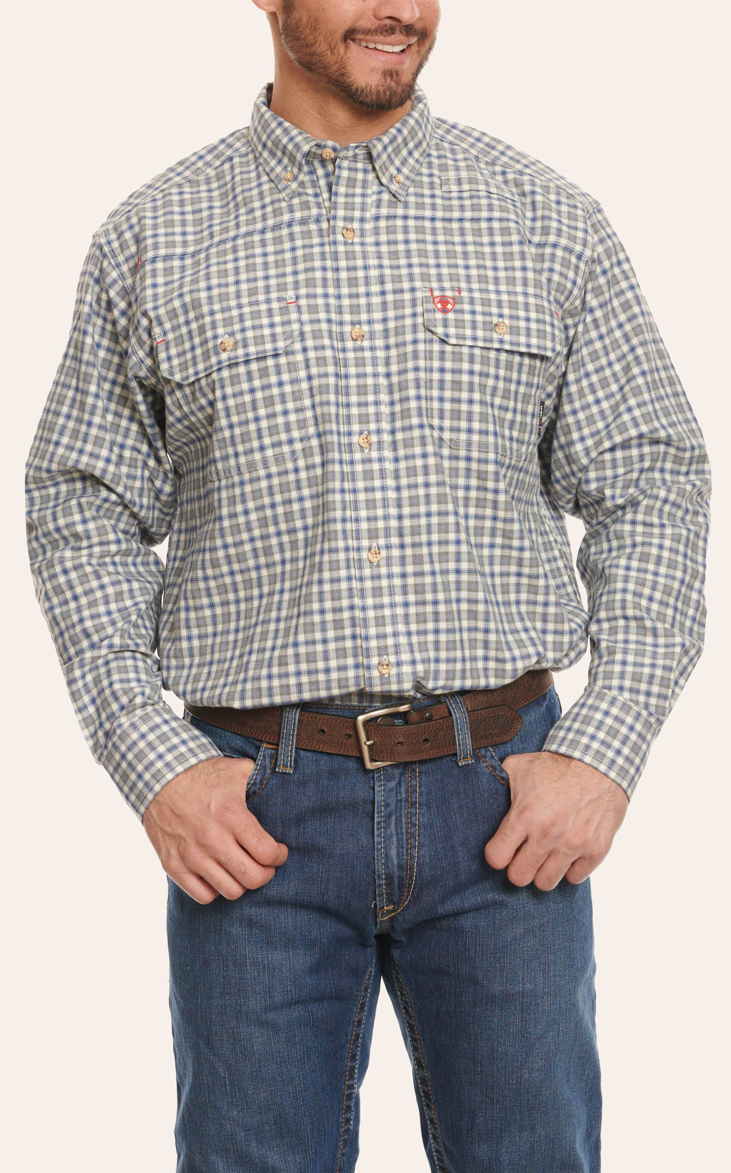 Ariat Work FR Men's Featherlight Olive and Blue Plaid Long Sleeve Work ...