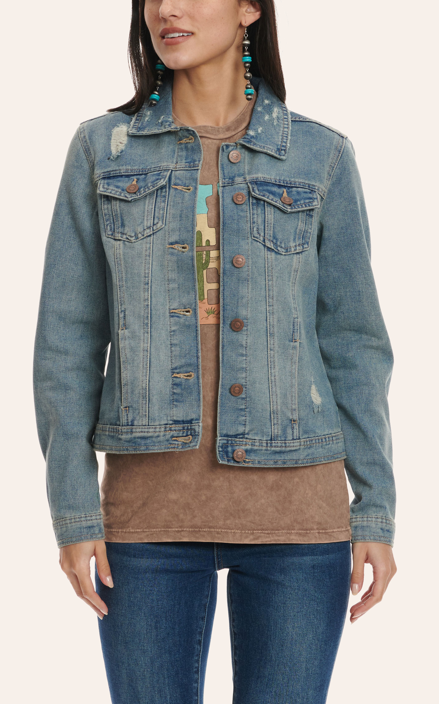 One5One Women's Light Stonewash Distressed Denim Jacket