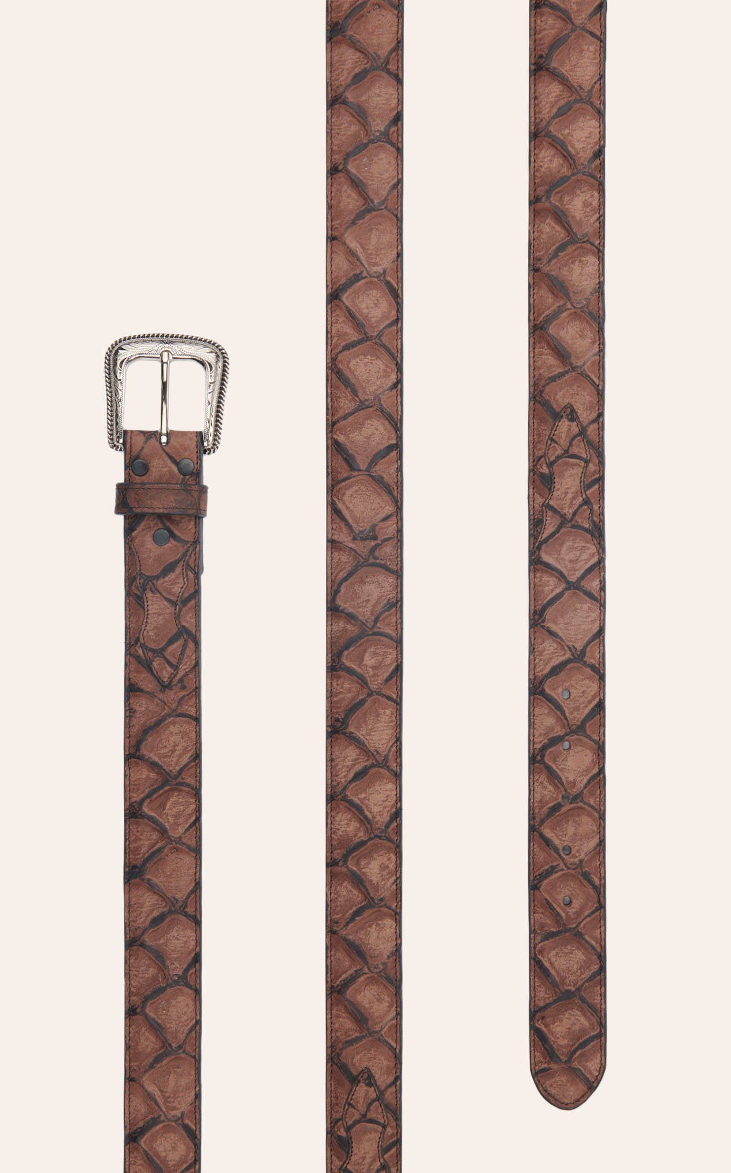 Cavender's Men's Matte Chocolate Pirarucu Fish Print Western Belt