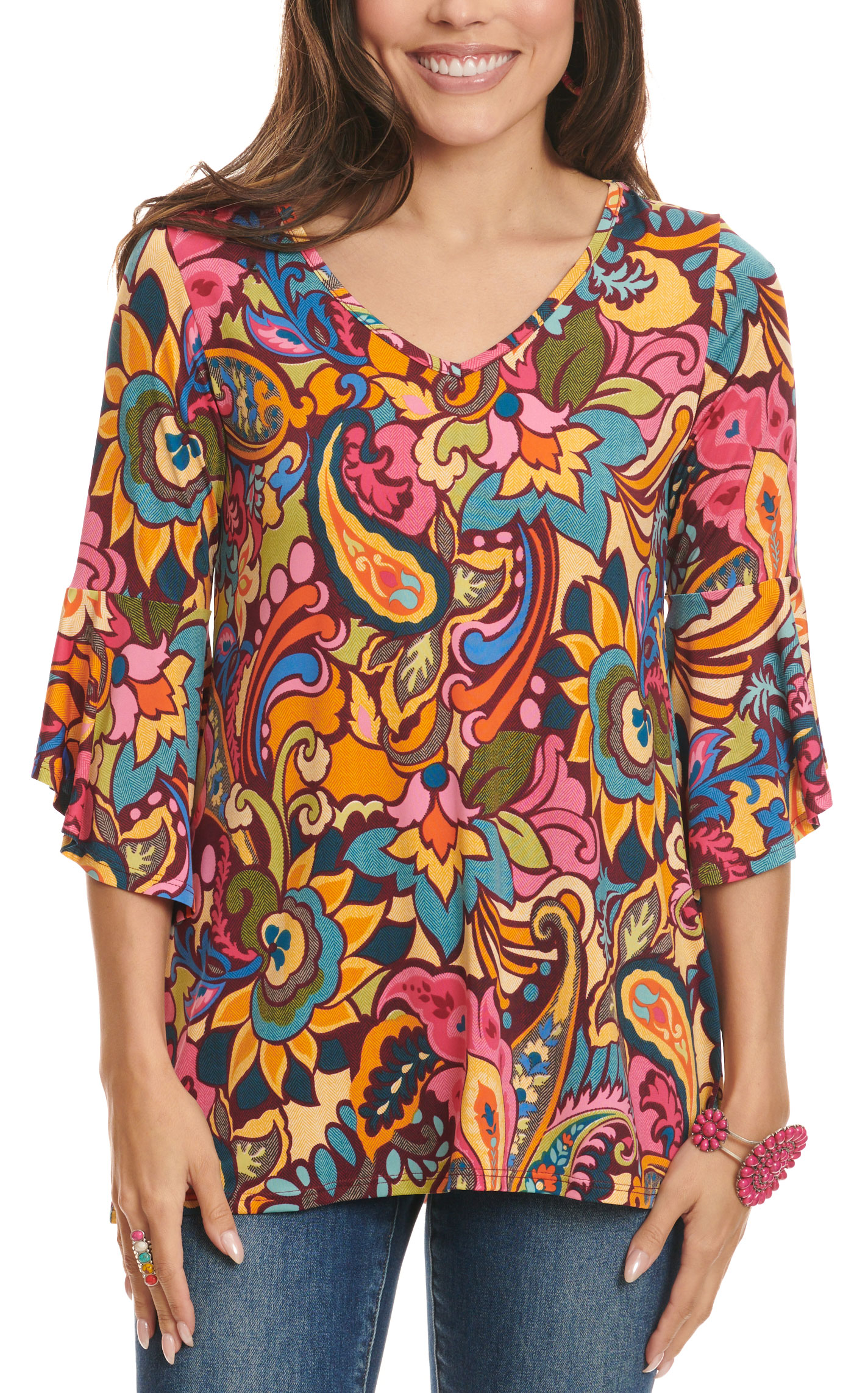 R.Rouge Women's Bright & Colorful Floral Paisley 3/4 Angel Sleeve Top