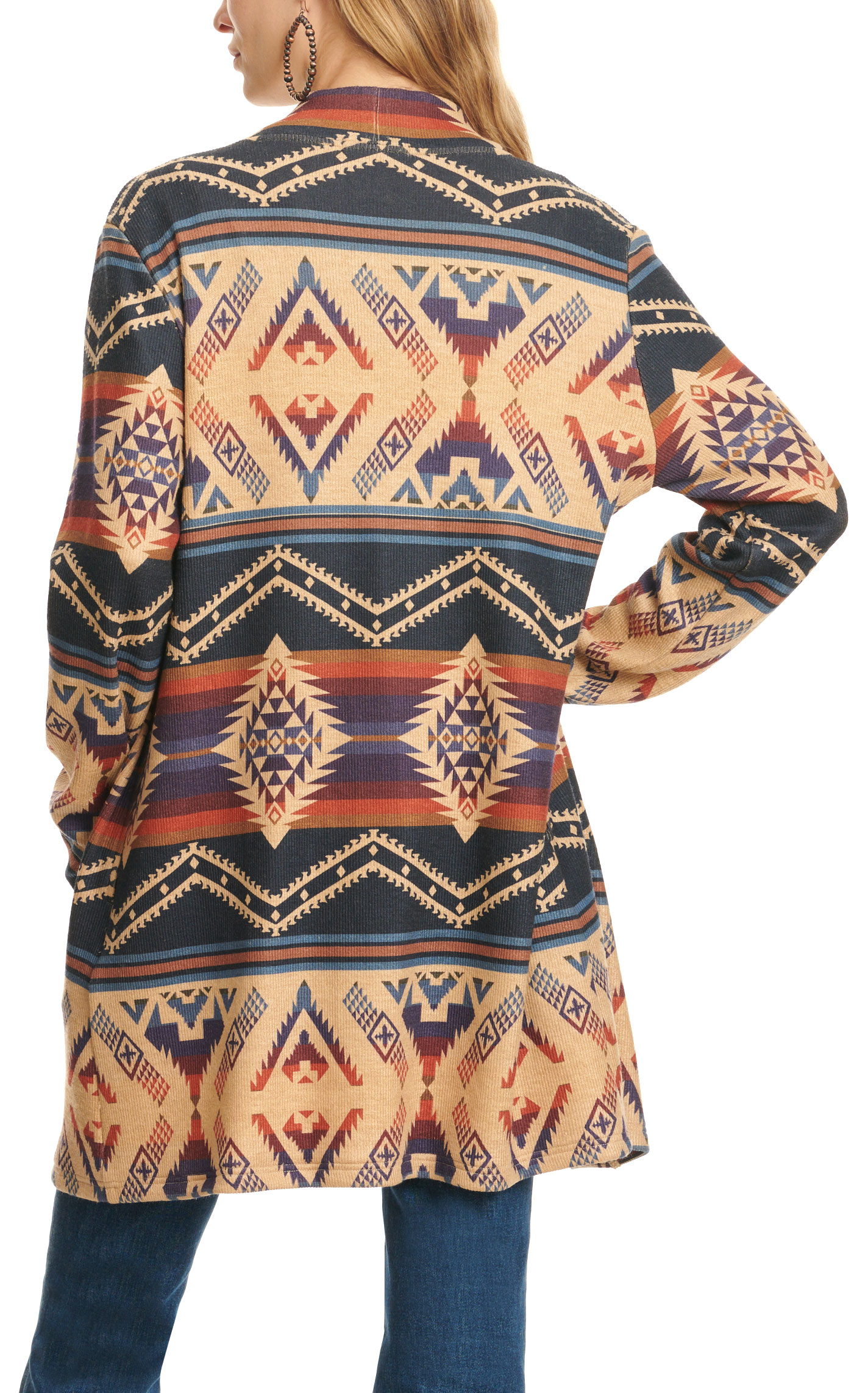 Fashion Express Women's Tan with Navy & Purple Aztec Print Cardigan