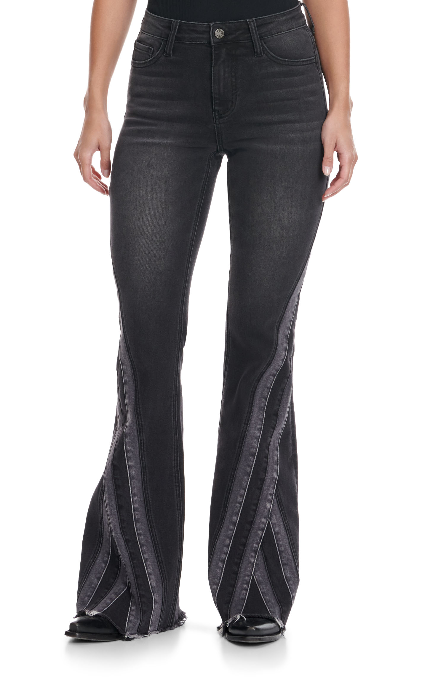 Vervet Women's Black & Grey V-Leg Trim Design Flare Leg Jeans