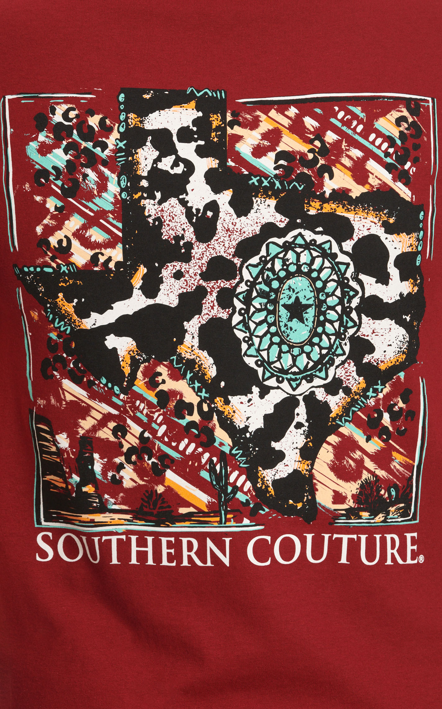 Southern Couture Women's Deep Red Cowprint & Turquoise Concho Graphic ...