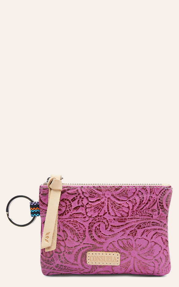 Consuela Mena Fuchsia Floral Tooled Leather & Keyring Pouch Bag