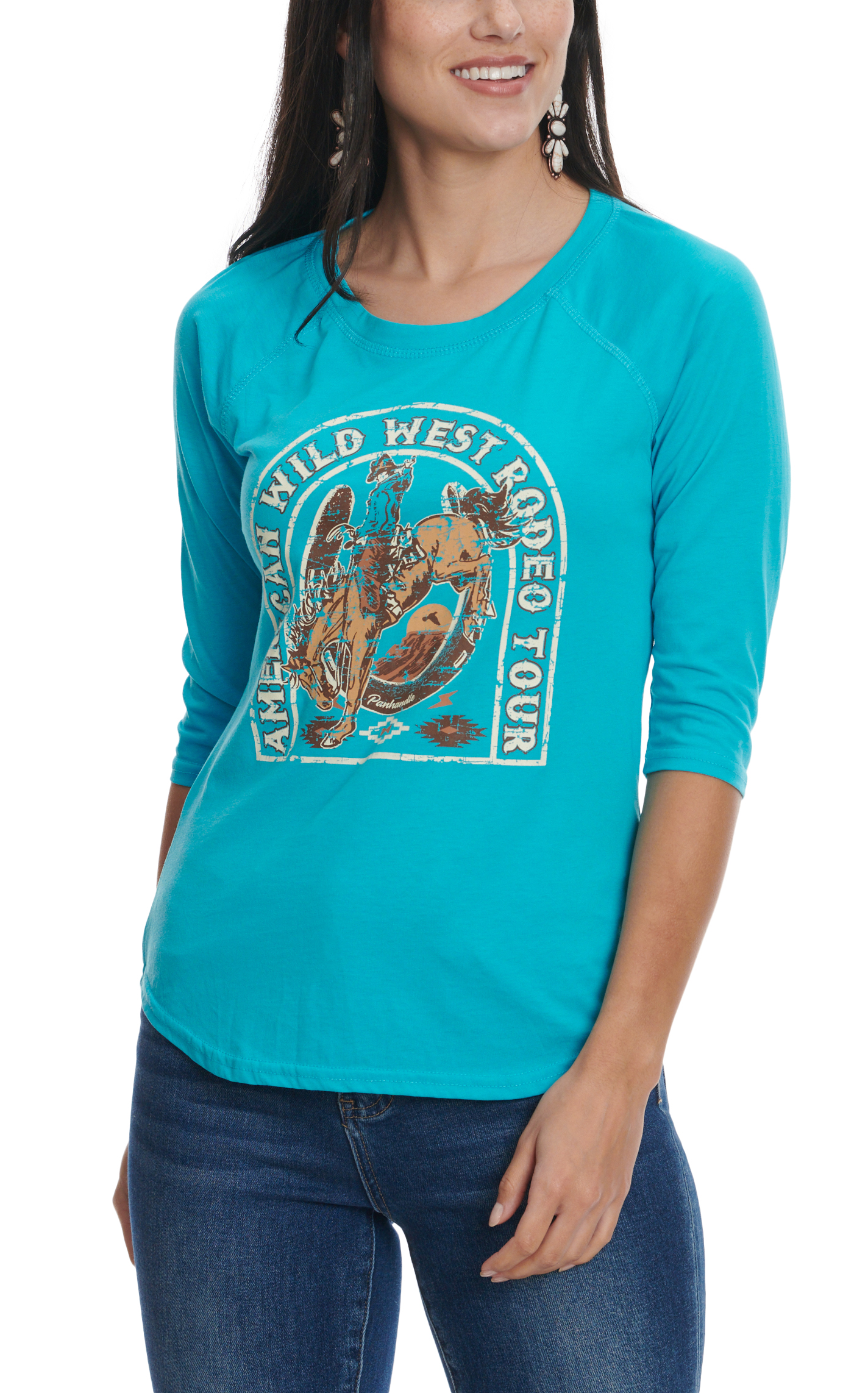 Panhandle Women's Turquoise American Wild West Rodeo Tour Graphic Long ...