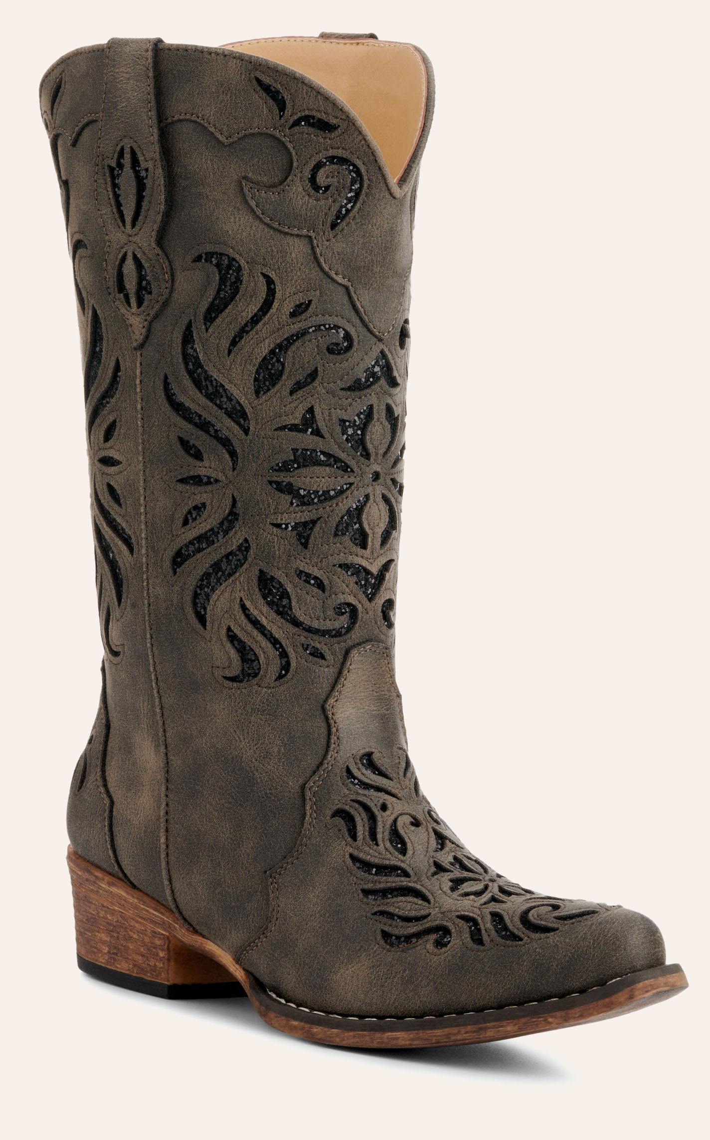 Roper Women's Riley Grey with Black Glitter Inlay Snip Toe Cowboy Boots