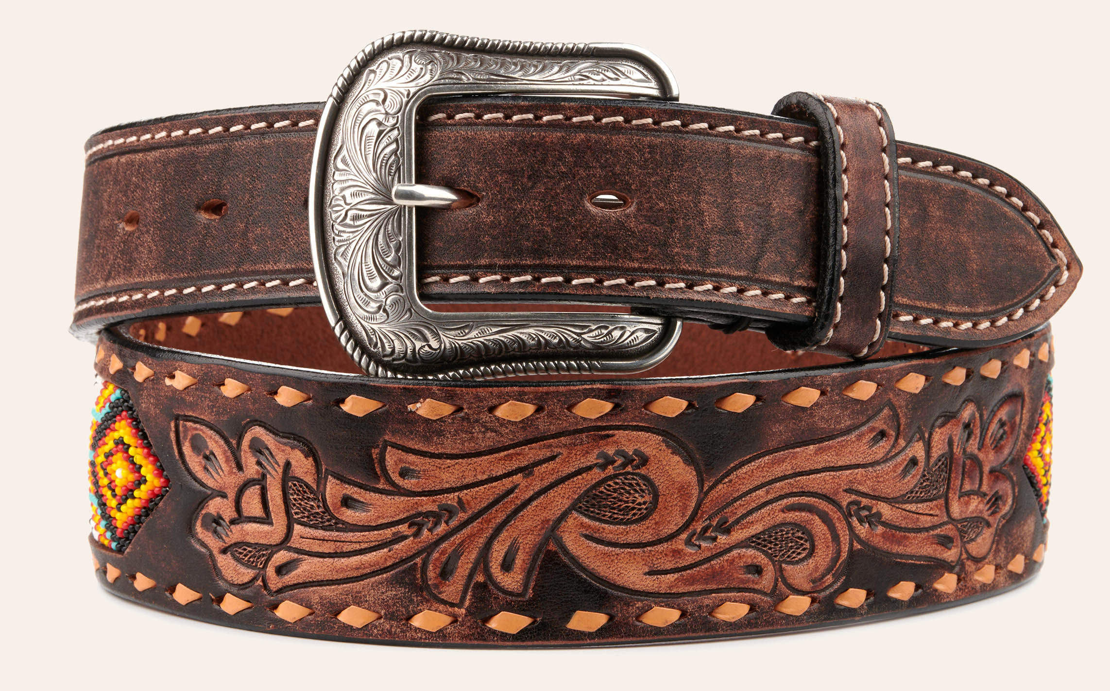 3D Belt Co Men's Brown Tooled Leather Colorful Aztec Bead Inlay Western ...