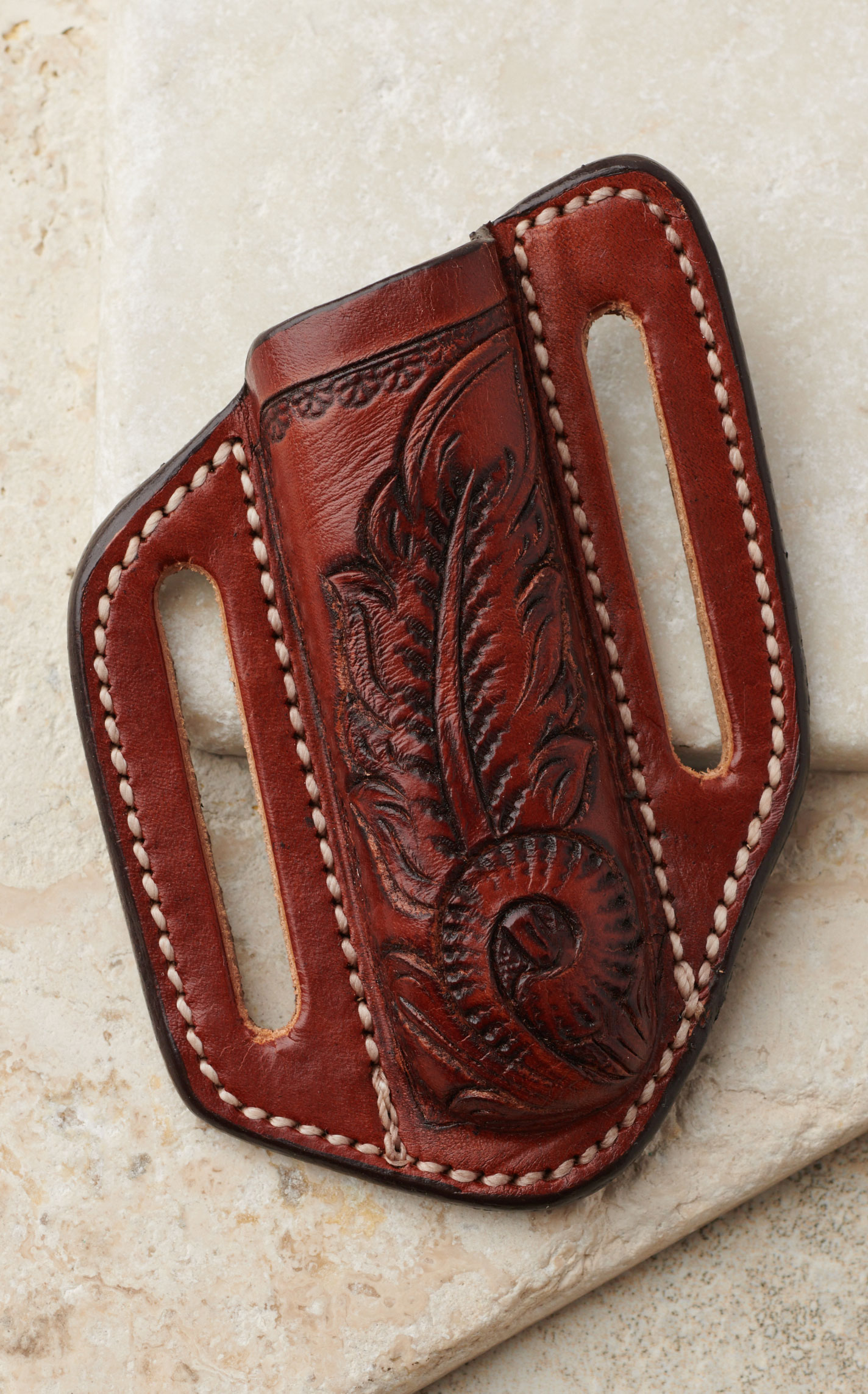 Circle SH Chestnut Feather Tooled Right Hand Knife Sheath