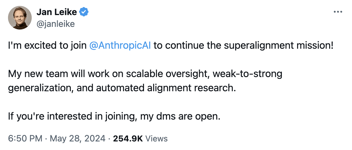 Jan Leike: "I'm excited to join @AnthropicAI to continue the ...