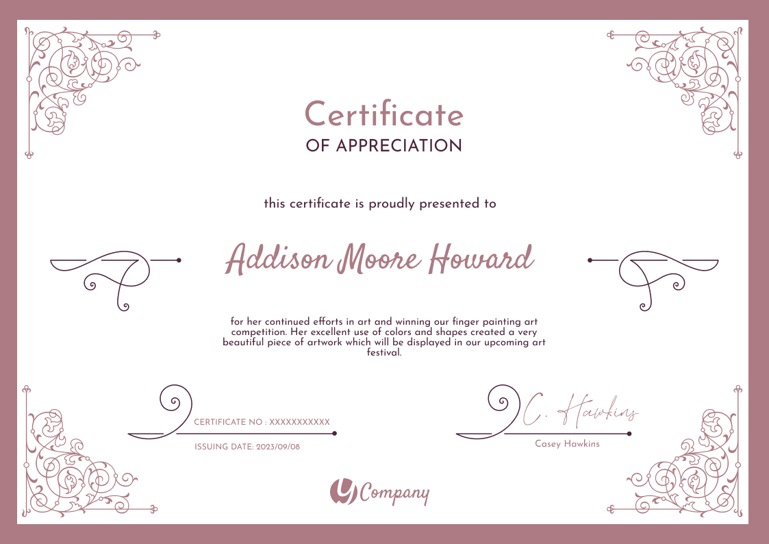 Formal and fancy certificate of appreciation template