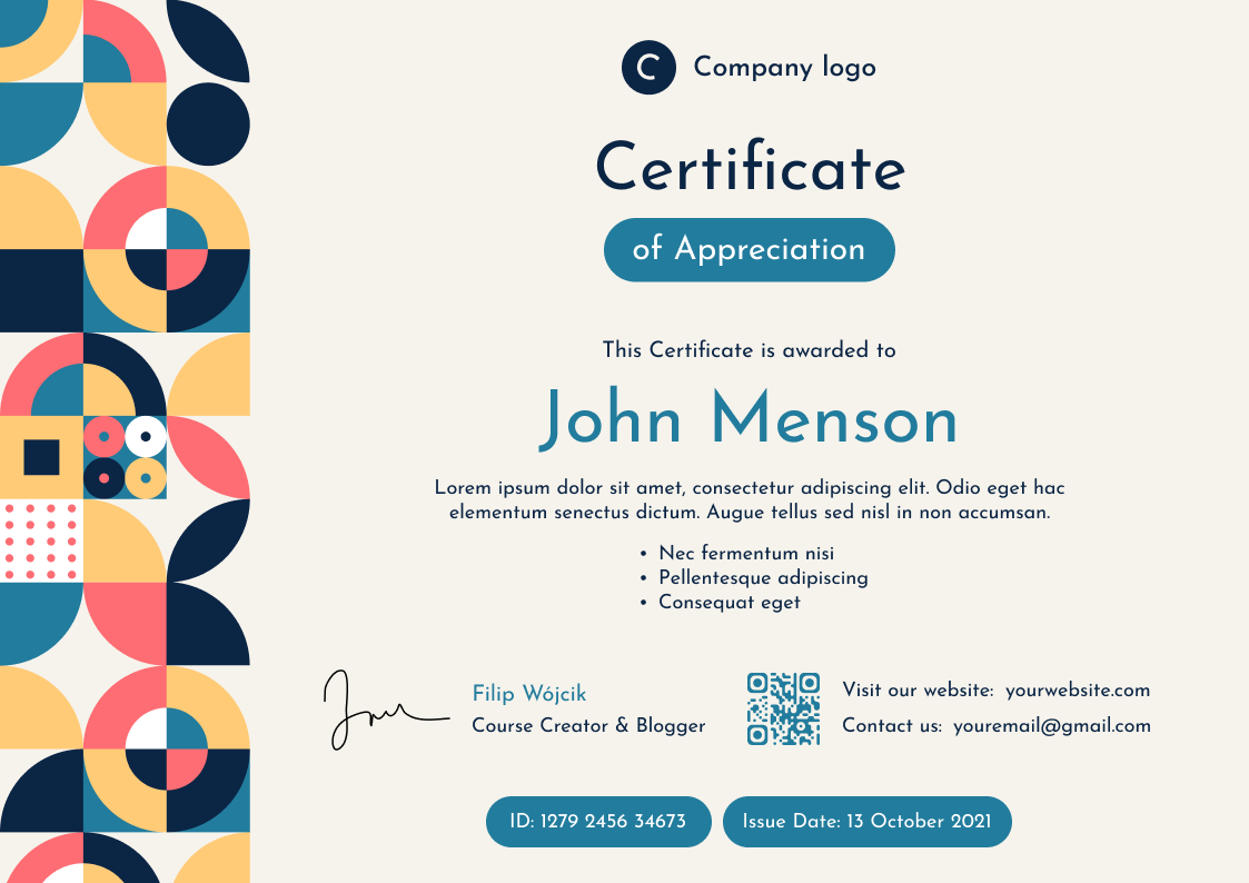 Modern and colorful course certificate template