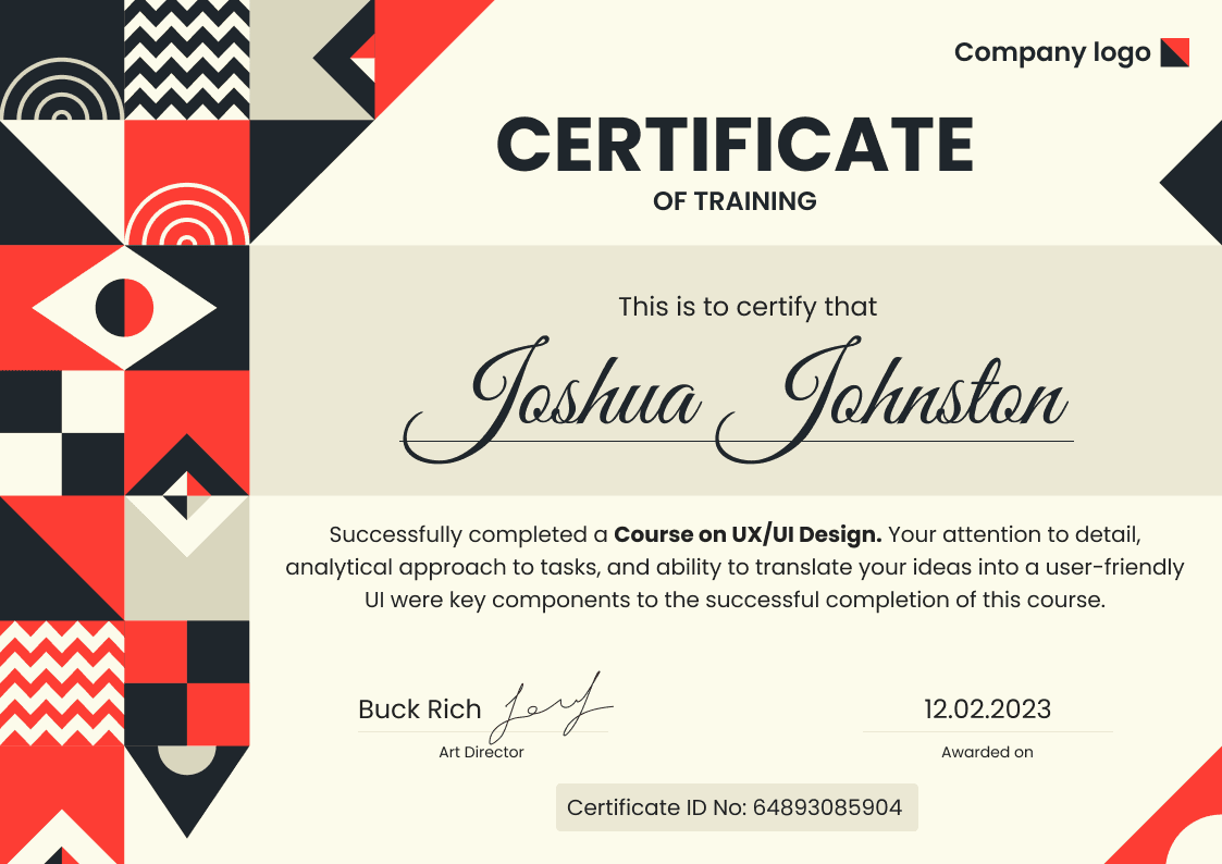 Modern and unique certificate of training template