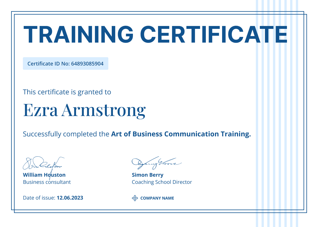 Simple and minimal certificate of training template