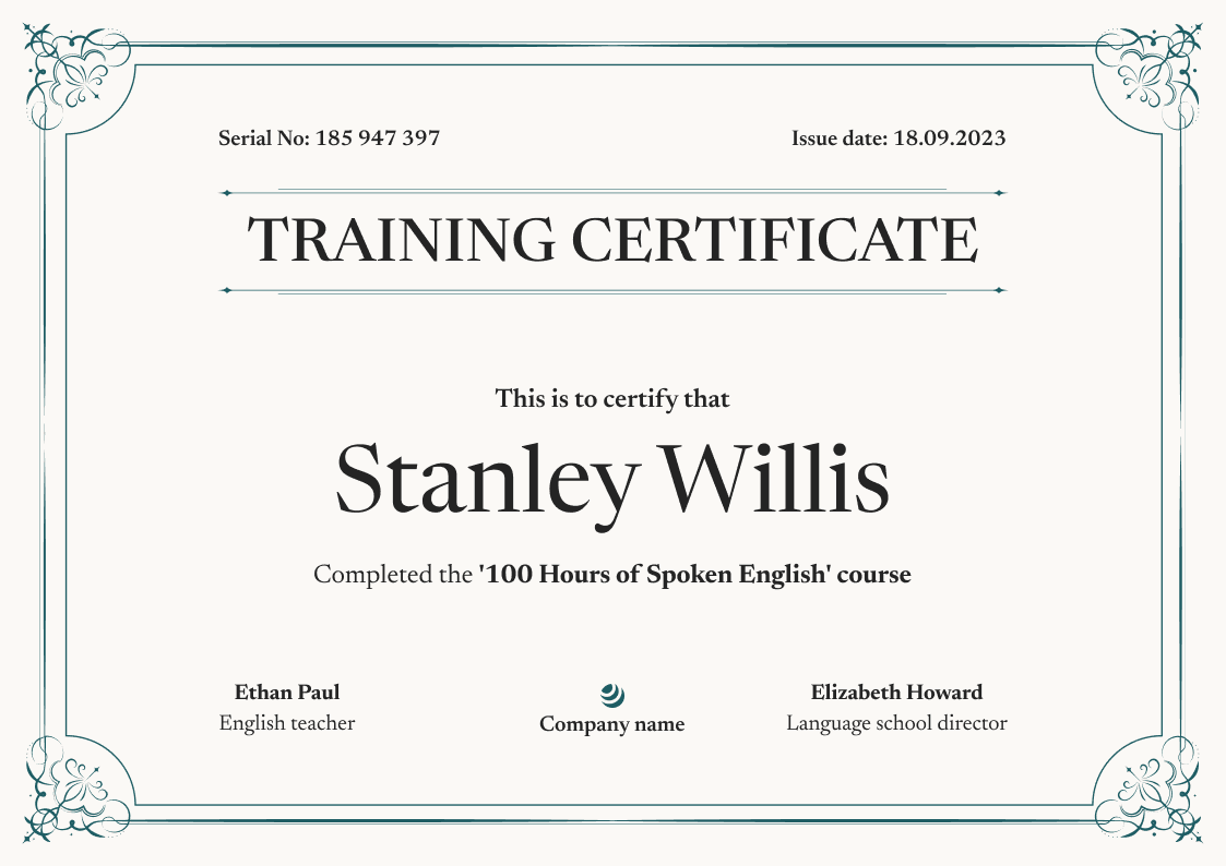 Simple and elegant certificate of training template