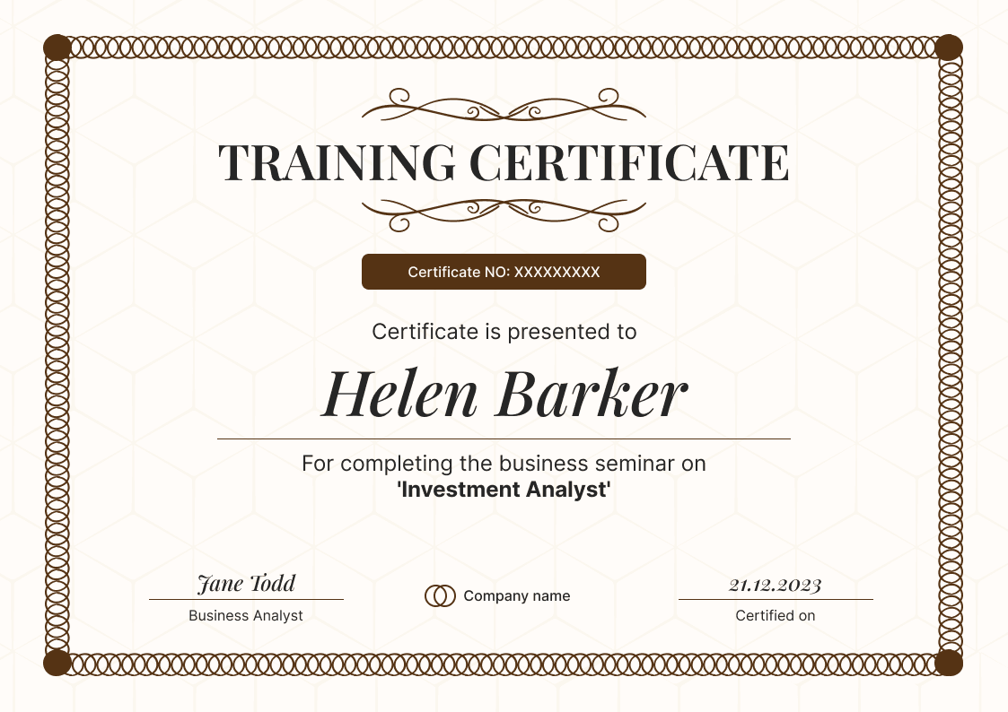 Detailed and formal training certificate template