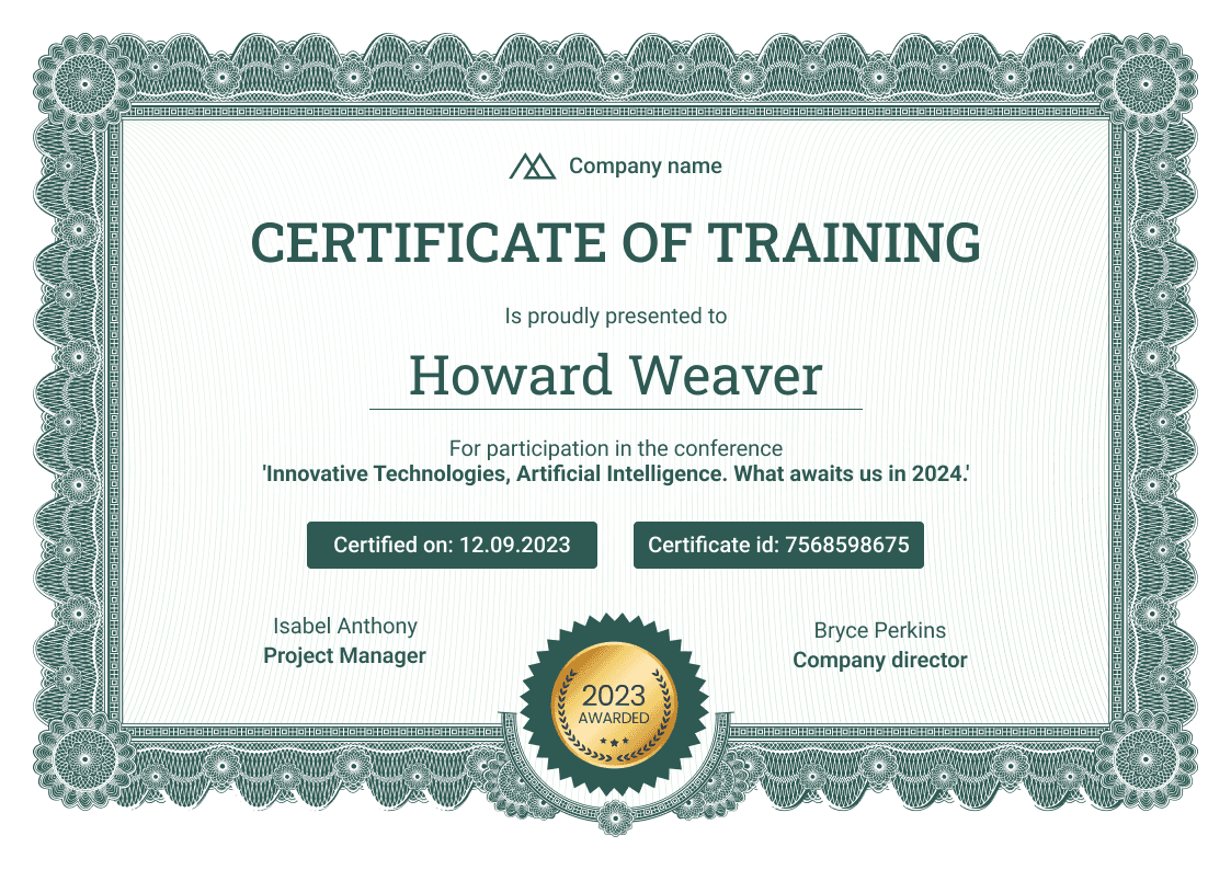 Professional and decorative training certificate template