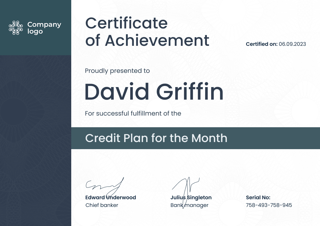 Structured and professional achievement certificate