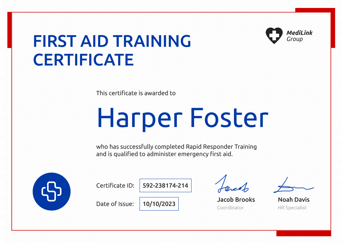 Professional and printable first-aid and CPR certificate template