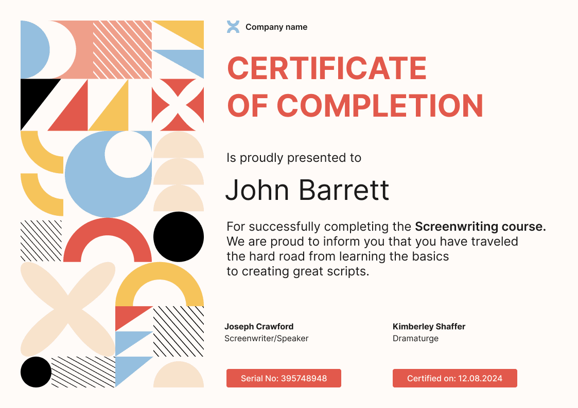 Modern and dynamic certificate of completion template