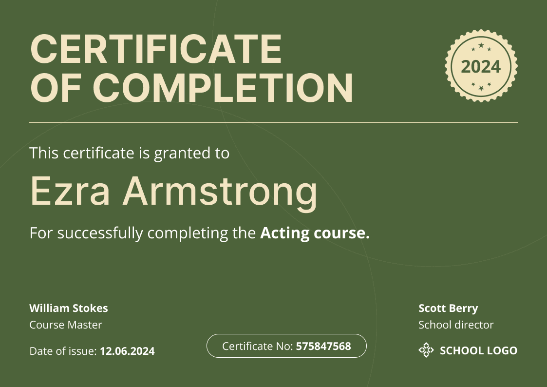 Minimalist and modern course completion certificate template