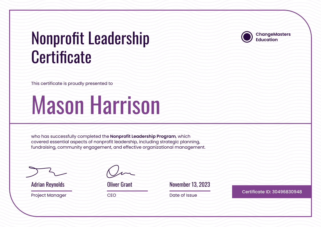 Gentle and professional non-profit leadership certificate template