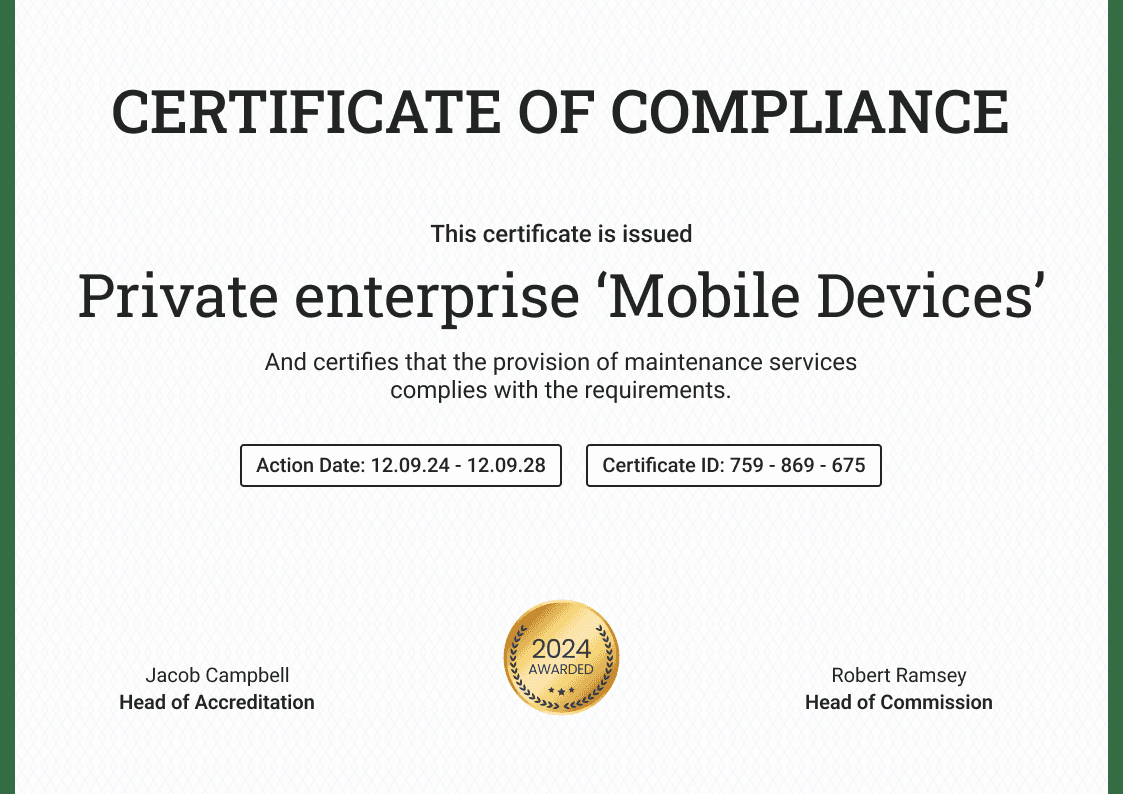 Original and professional certificate of compliance template