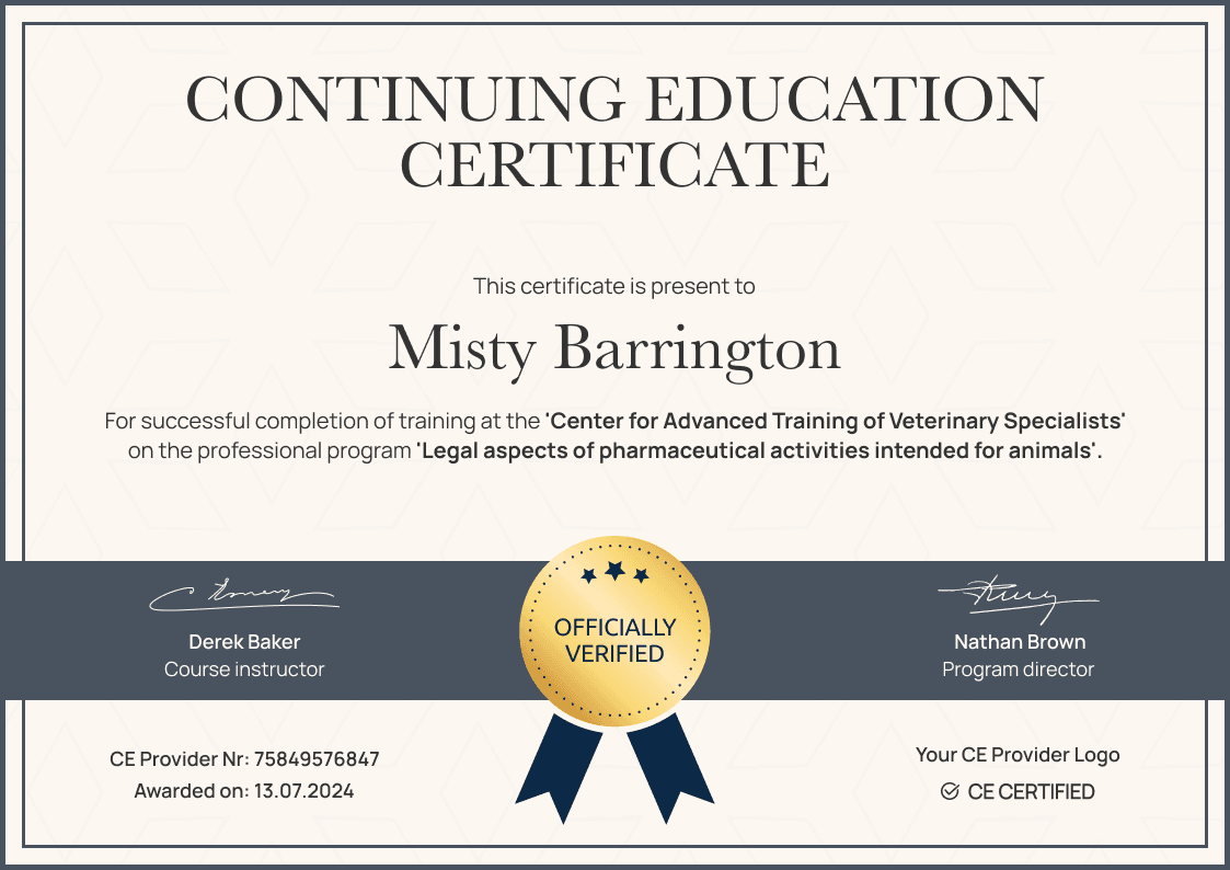 Classic and professional Continuing Education certificate template