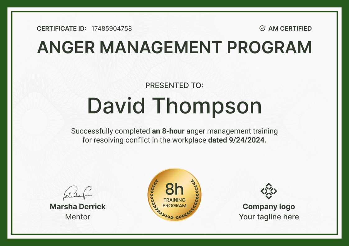 Bold and formal anger management certificate template Bold and formal anger management certificate template