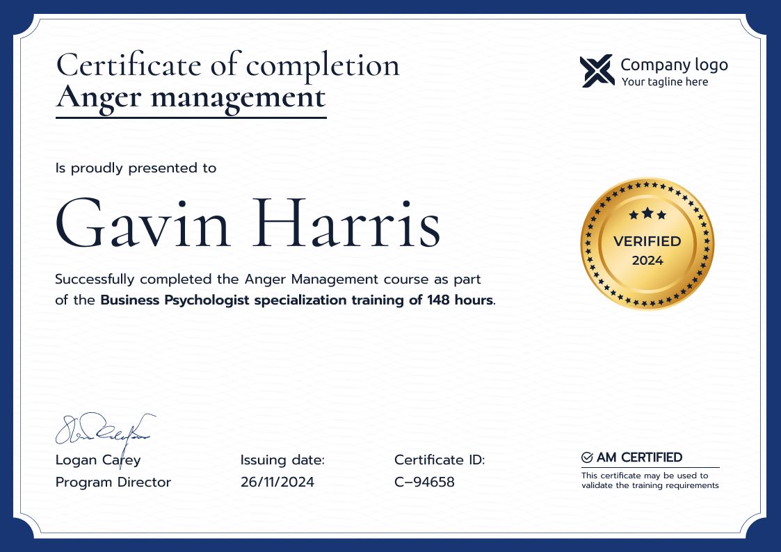 Minimalistic and formal anger management certificate template