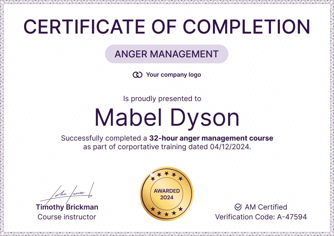 Formal and gentle anger management certificate template