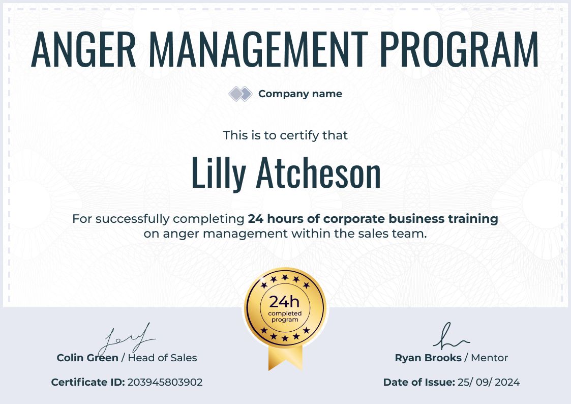 Printable and formal anger management certificate template