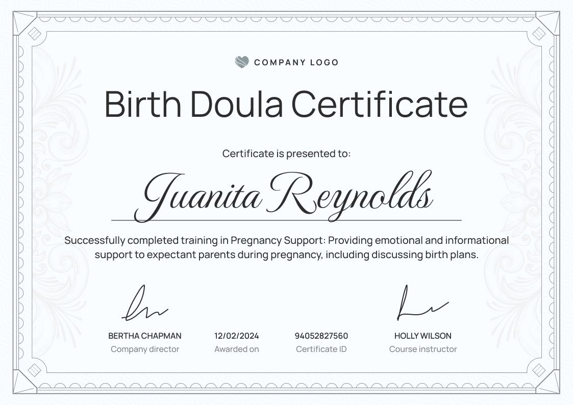 Stylish and professional doula certificate template