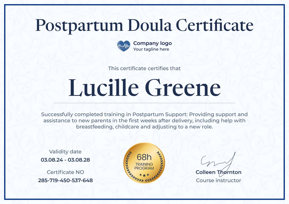 Polished and professional doula certificate template