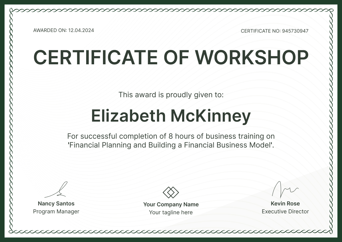 Plain and professional workshop certificate template