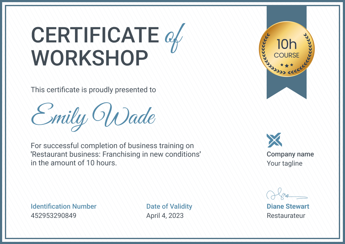 Minimalistic and professional workshop certificate template