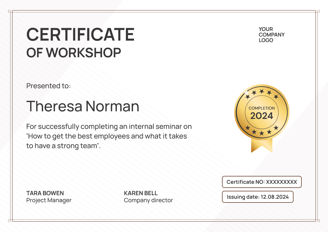 Printable and professional workshop certificate template