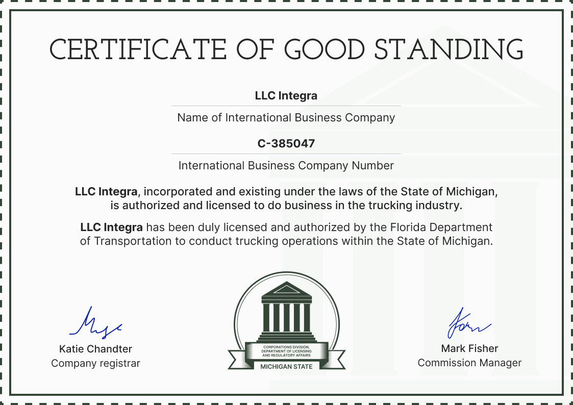Recognizable and professional certificate of good standing template